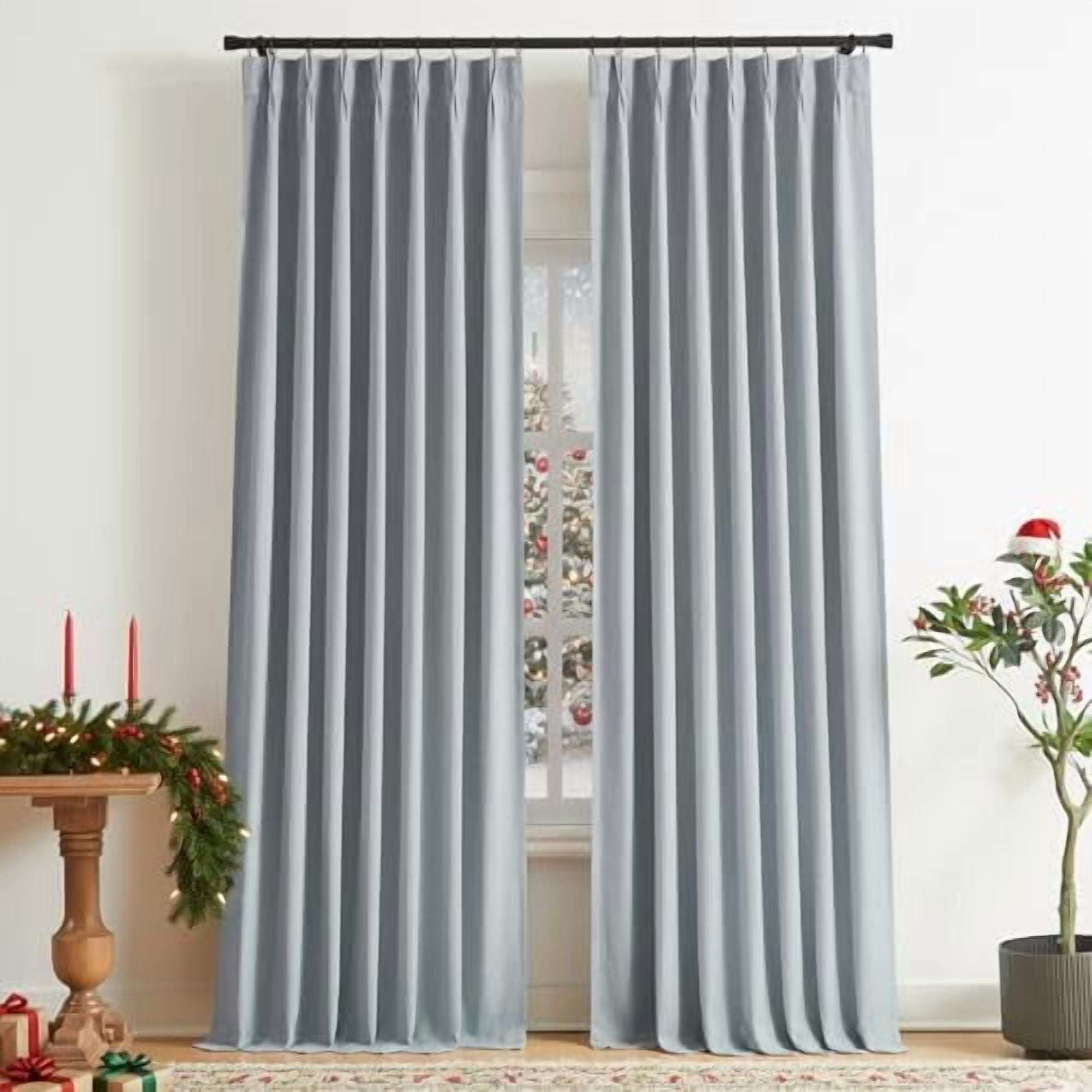 Blue Gray Pinch Pleated Full Blackout Curtains Linen Blended Room ...