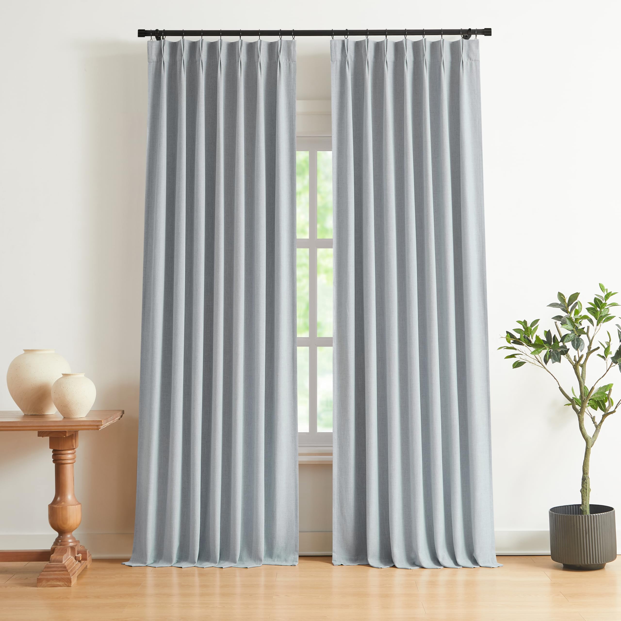 Blue Gray Pinch Pleated Full Blackout Curtalinen Blended Room Darkening ...