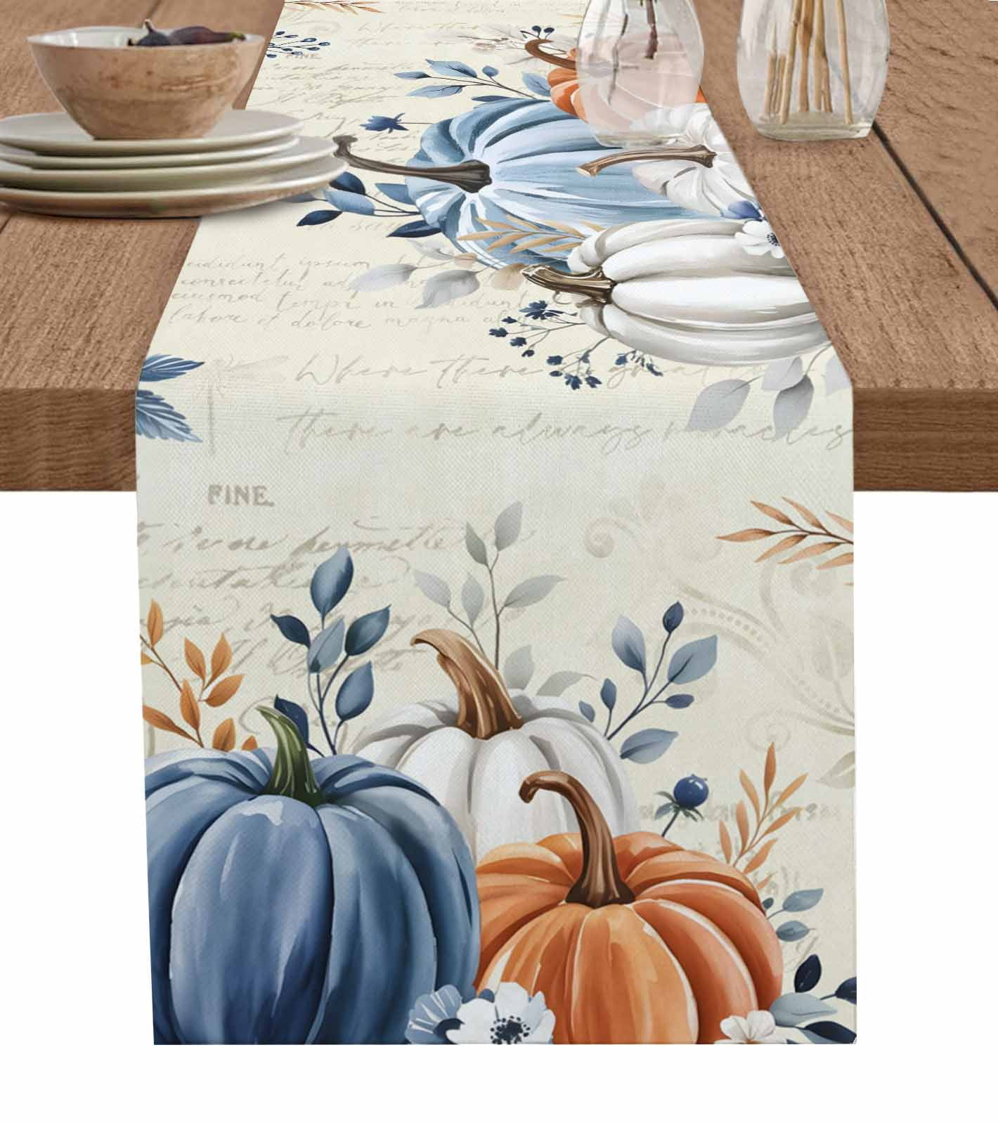 Blue Gray Pumpkin Fall Burlap Cotton Table Runner 13x48 Inches Long ...
