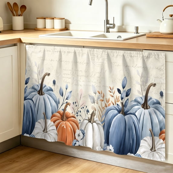 Blue Gray Pumpkin Fall Cabinet Curtain 32"Wx55"L,Dustproof Pantry Door ...