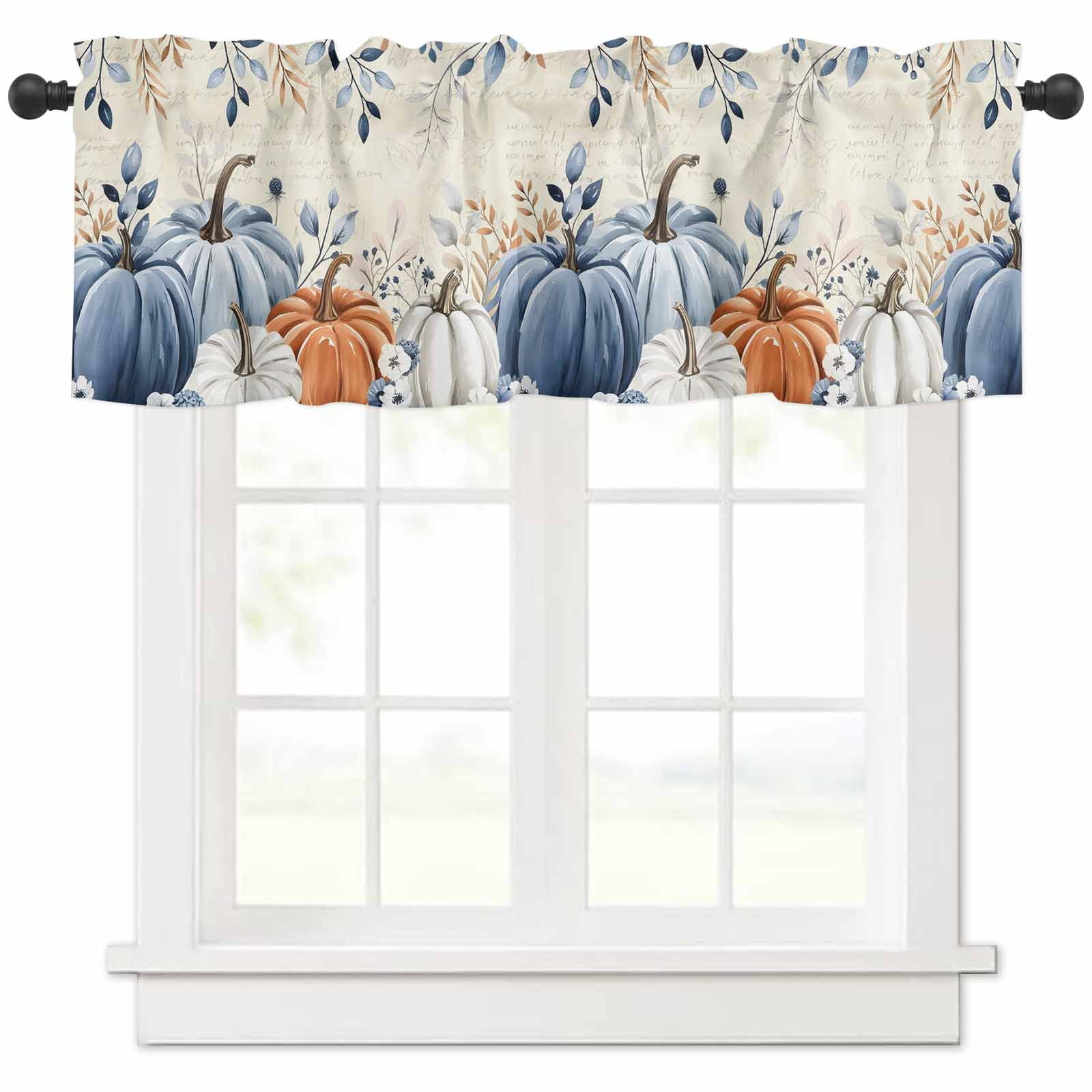 Blue Gray Pumpkins Fall Valances for Windows Farmhouse Kitchen Curtains ...