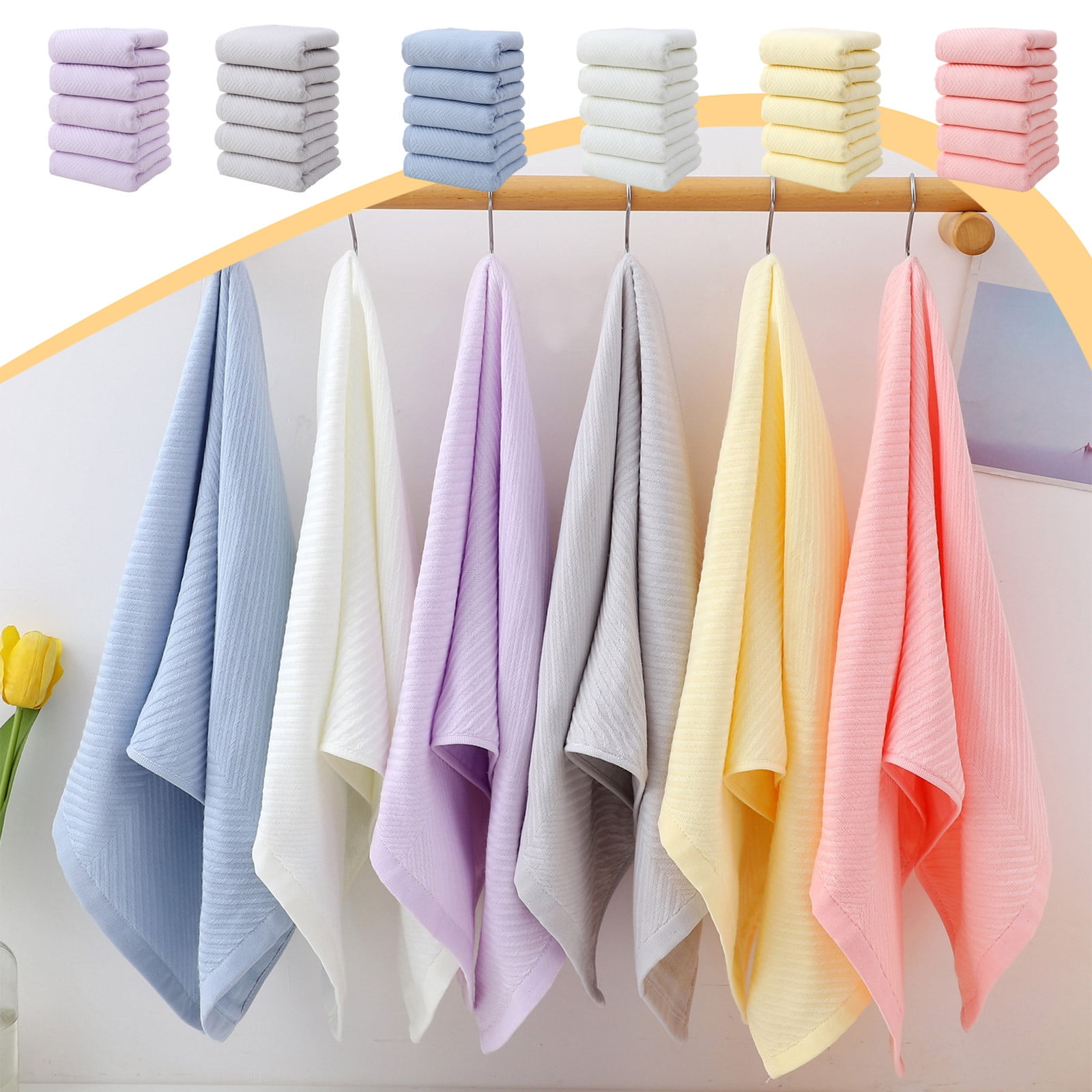Blue Gray Purple Pink Yellow White Cotton Towels, 5-Pack Soft Absorbent ...