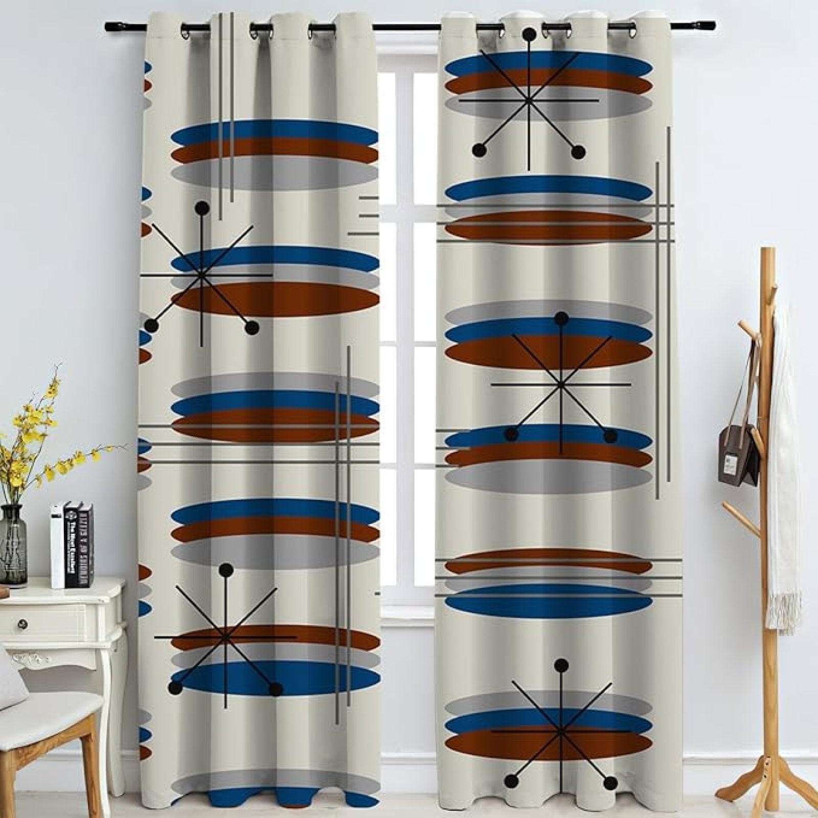 Blue Gray Red Geometry Window Curtains, Vintage Bohemian Oval 3D ...