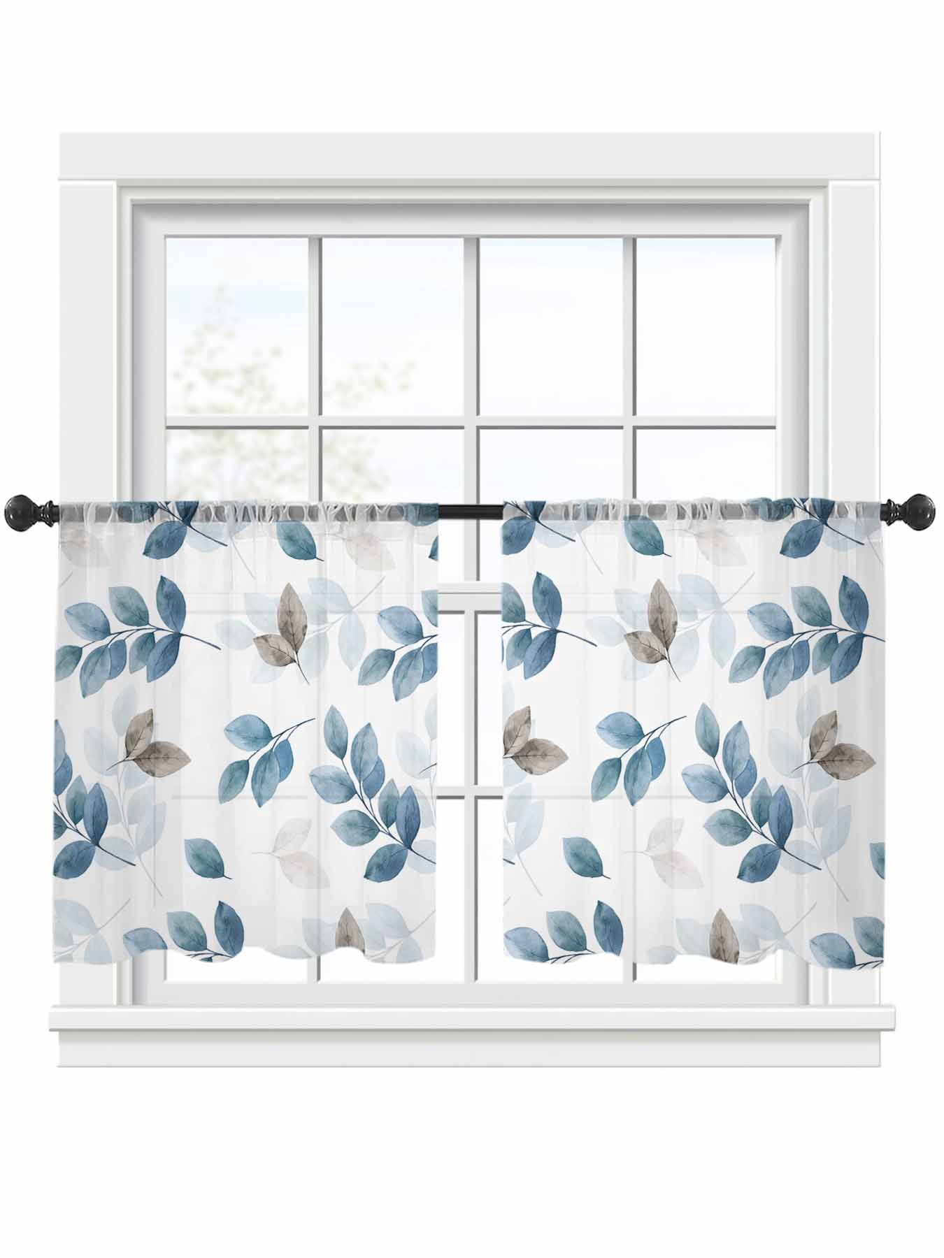 Blue Gray Sheer Curtains 54 inches Long, Eucalyptus Leaves White ...