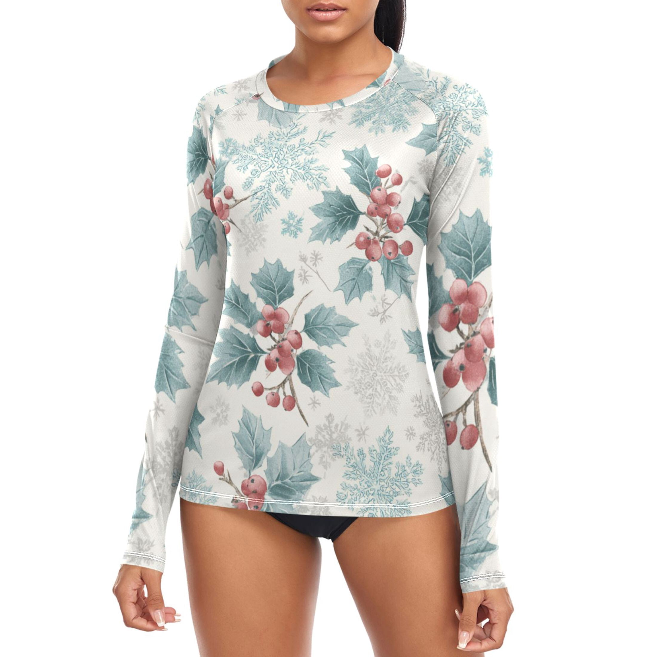 Blue Gray Snowflake Holly Leaves Berries Christmas Women's Rash Guard ...