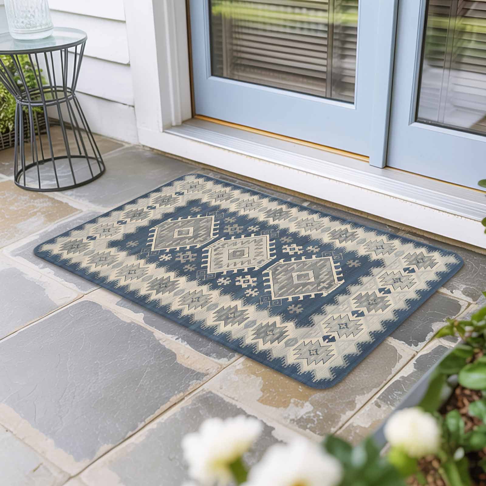 Blue Gray Southwest Door Mat Indoor Outdoor, Modern Geometric Ethnic ...