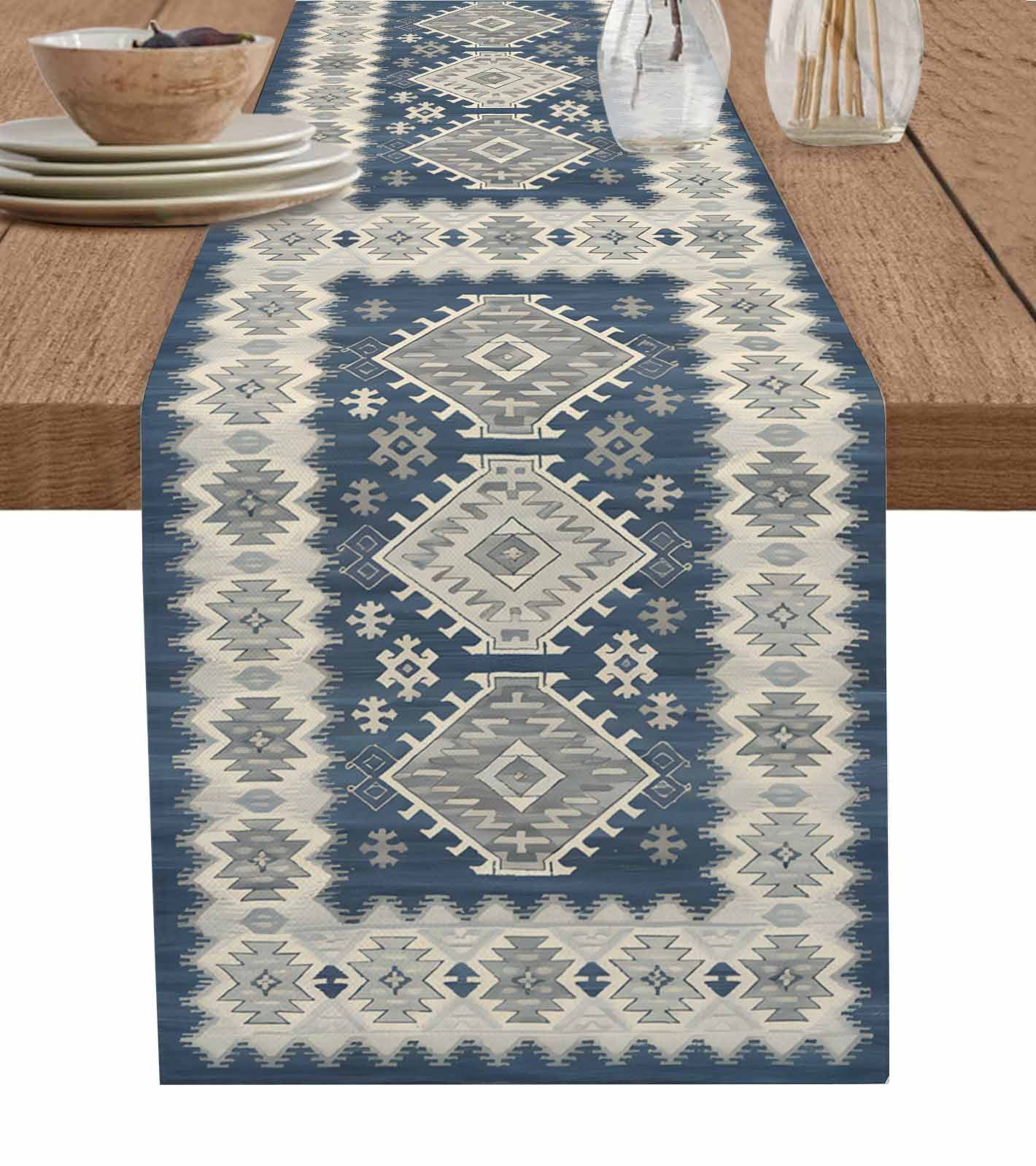 Blue Gray Southwest Table Runner Cotton Linen 72 Inch Holiday Dresser ...