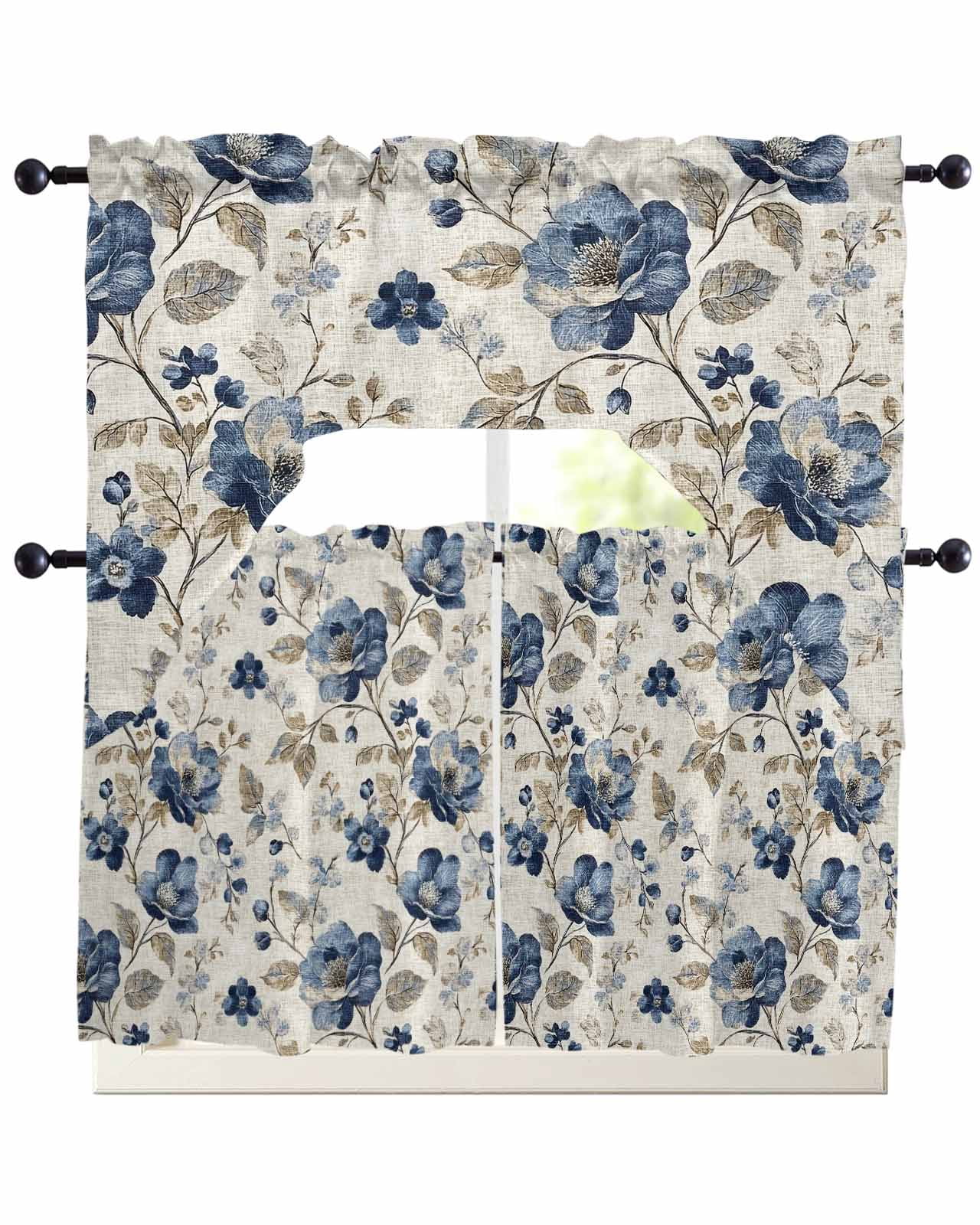 Blue Gray Spring Floral Kitchen Curtains Set for Windows 3 Piece Cafe ...