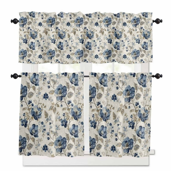 Blue Gray Spring Floral Kitchen Curtains Valance and Tier Set Vintage ...