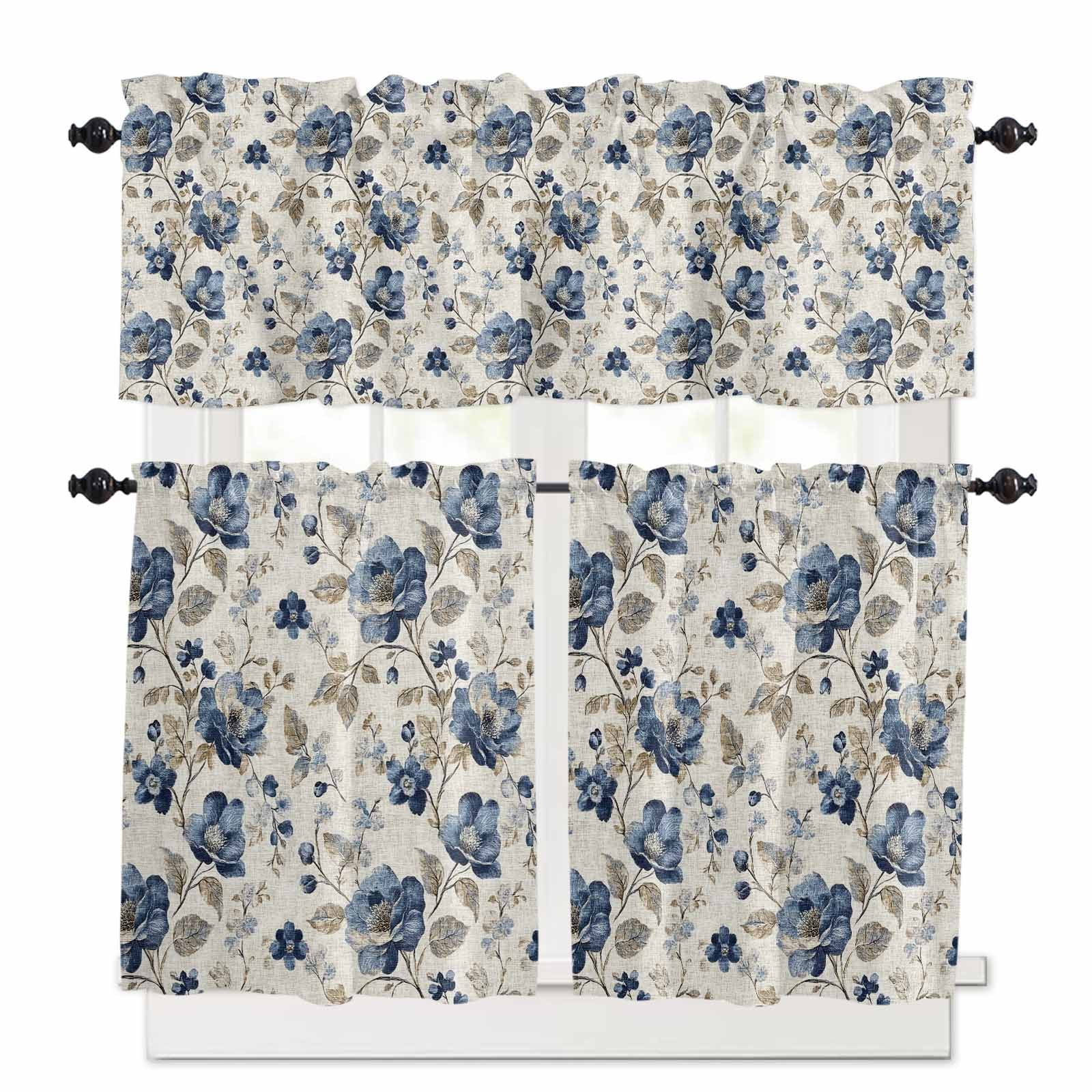 Blue Gray Spring Floral Kitchen Curtains Valances and Tiers Set of 3 ...