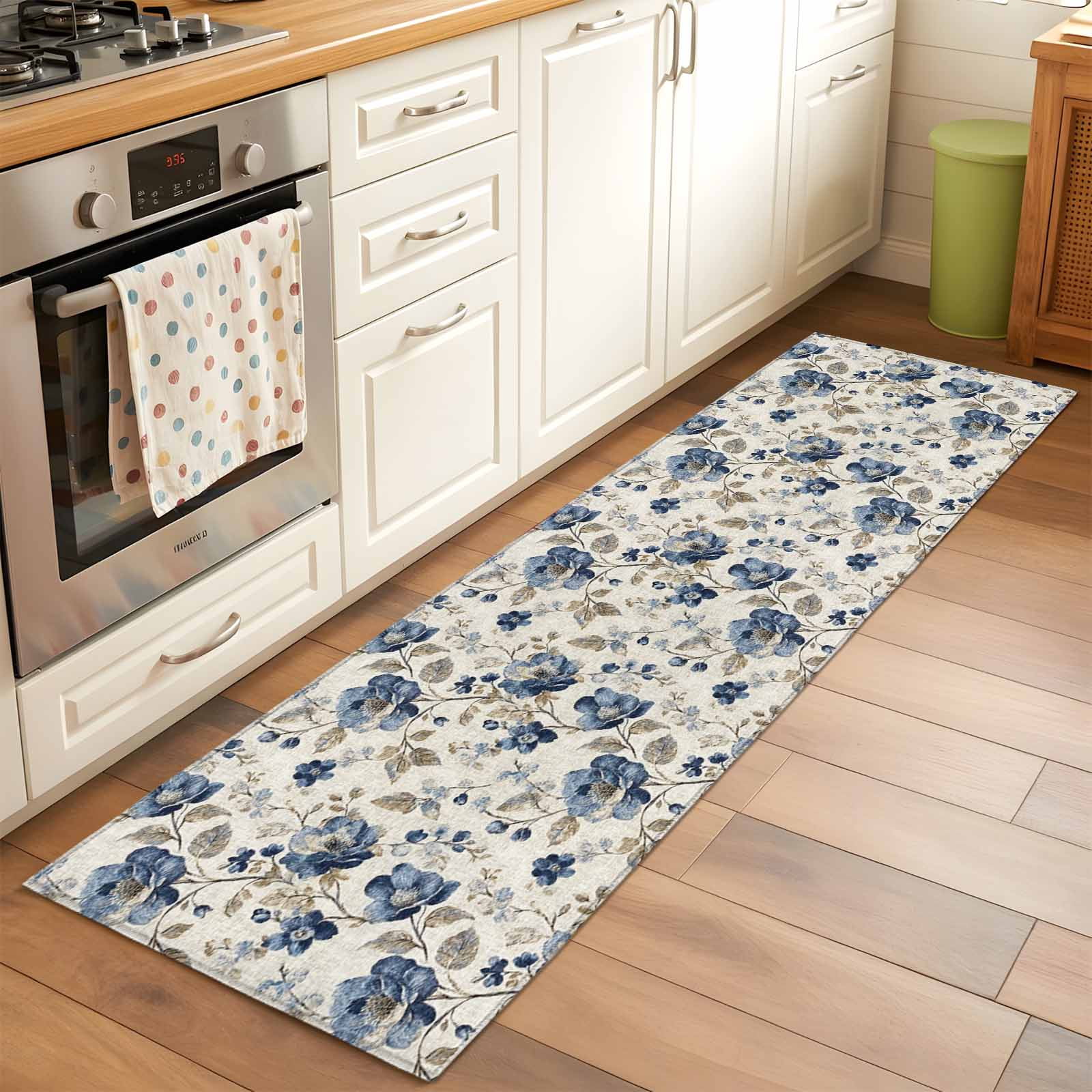 Blue Gray Spring Floral Runner Rugs 2x6 ft Vintage Botanical Leaf ...