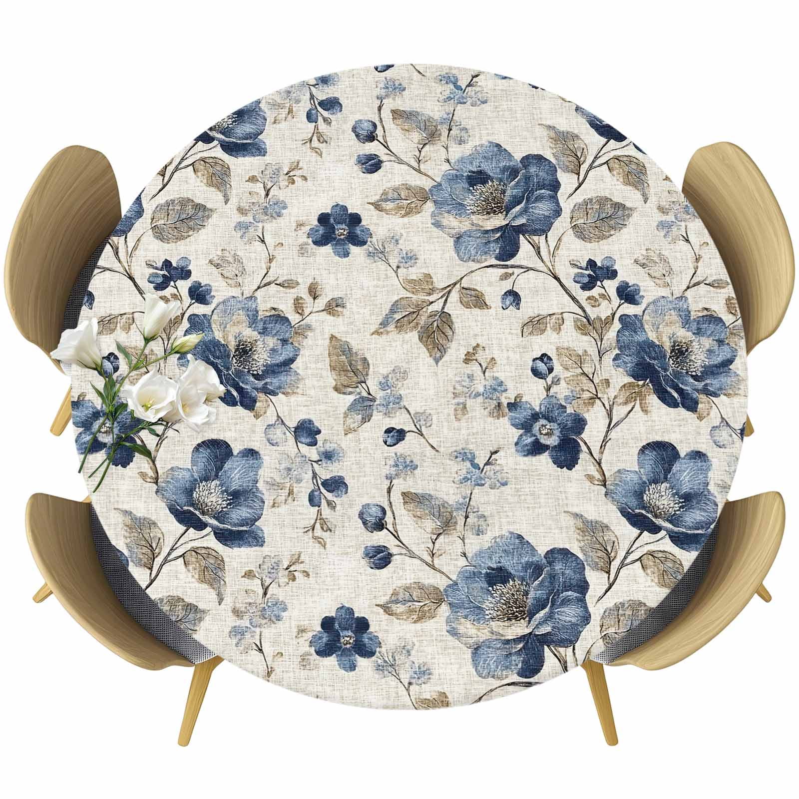 Blue Gray Spring Floral Table Cloth, Round Fitted Tablecloths with ...