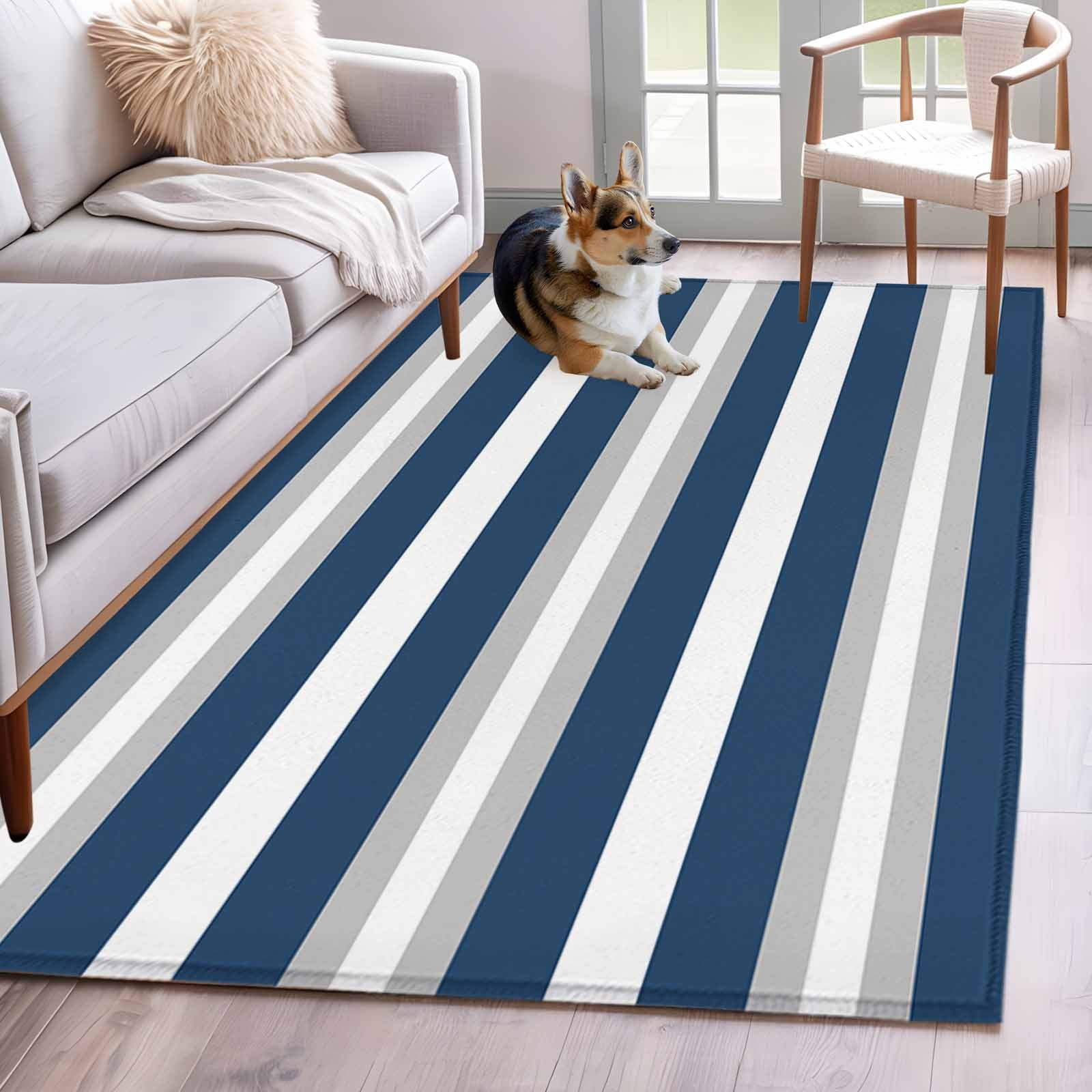Blue Gray Stripe 3'x5' Rug for Bedroom Foot of Bed Small Living Room ...