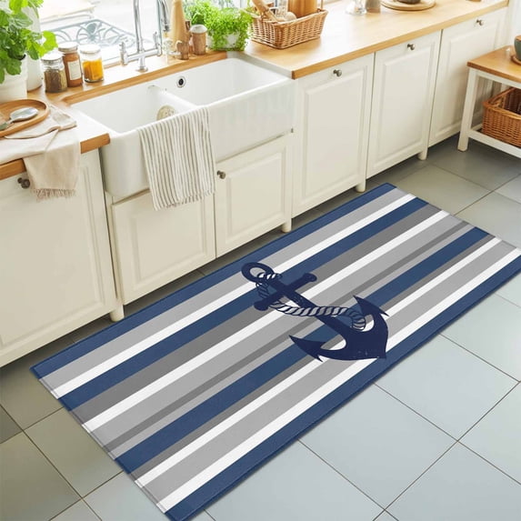 Blue Gray Stripe Nautical Anchor Rectangle Rug 2'x6' Modern Minimalist ...