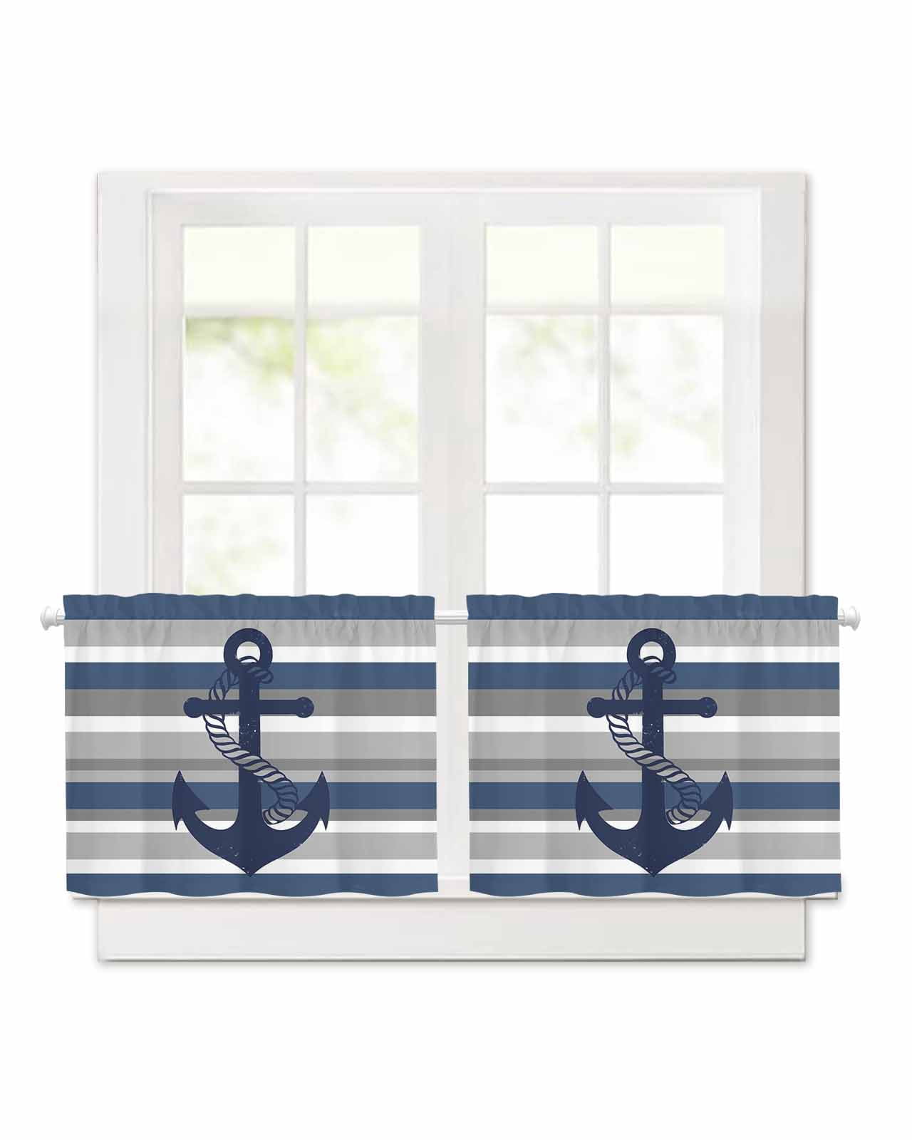 Blue Gray Stripe Nautical Anchor Short Blackout Curtains 24 Inch Long ...