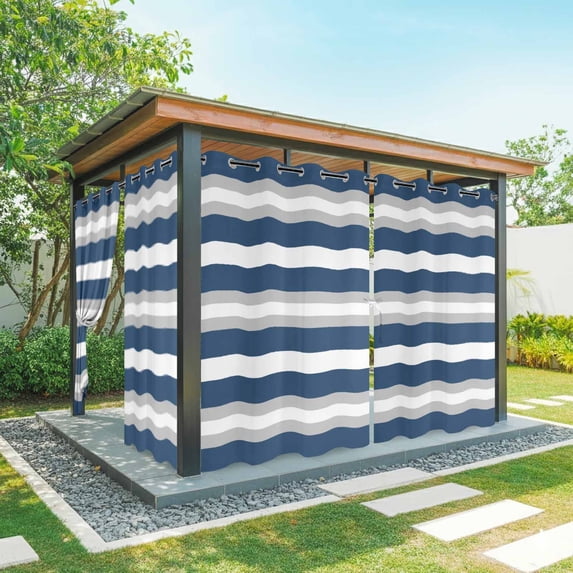 Blue Gray Stripe Outdoor Curtains for Patio, Abstract Waterproof ...