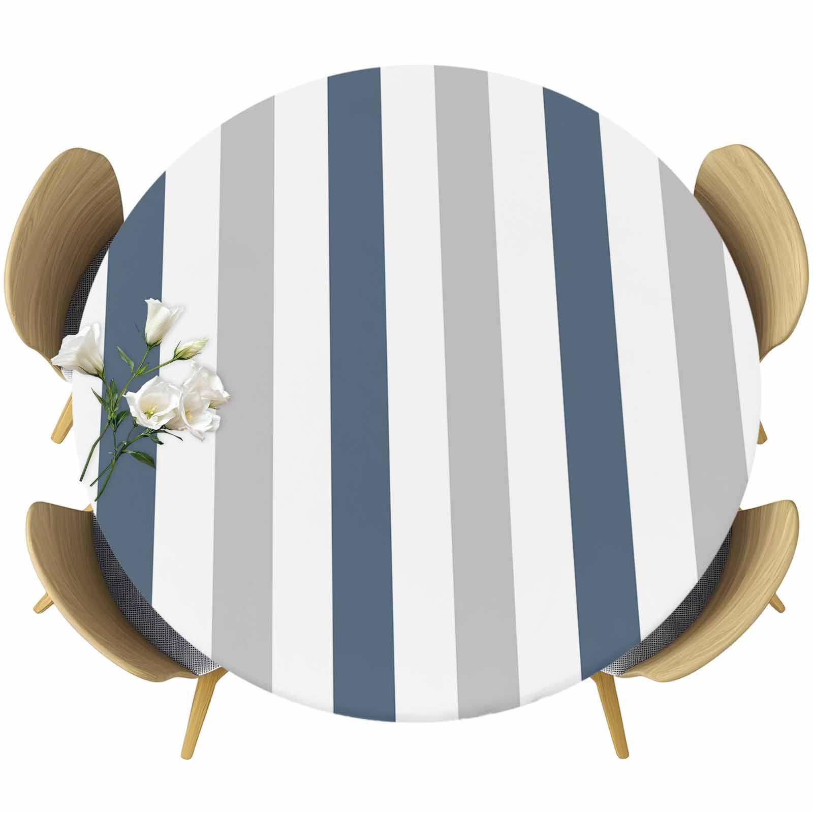 Blue Gray Striped Table Cloth, Round Fitted Tablecloths with Elastic ...
