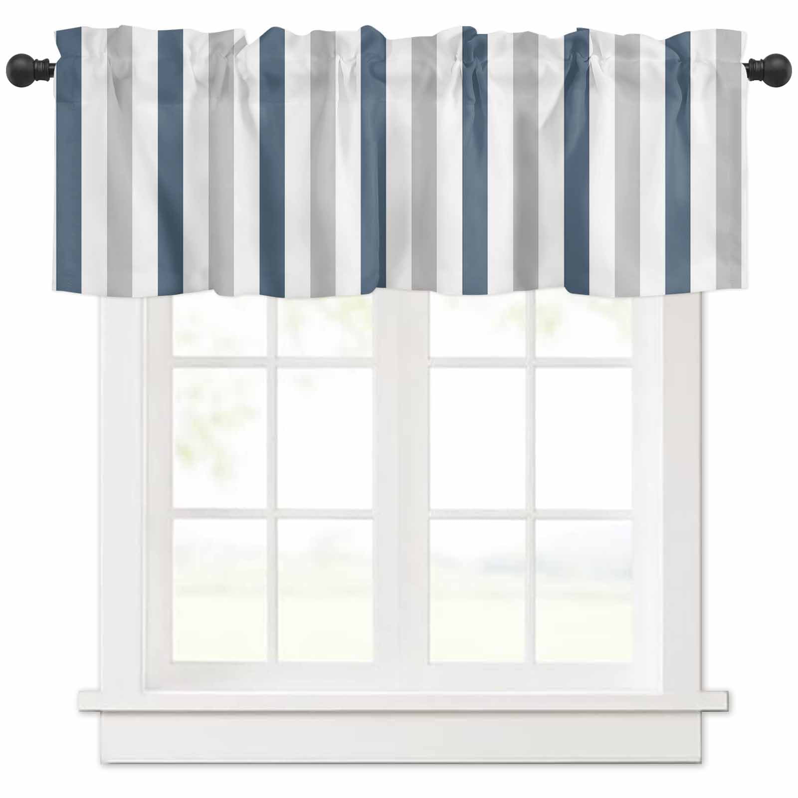 Blue Gray Striped Valances for Windows Farmhouse Kitchen Curtains ...