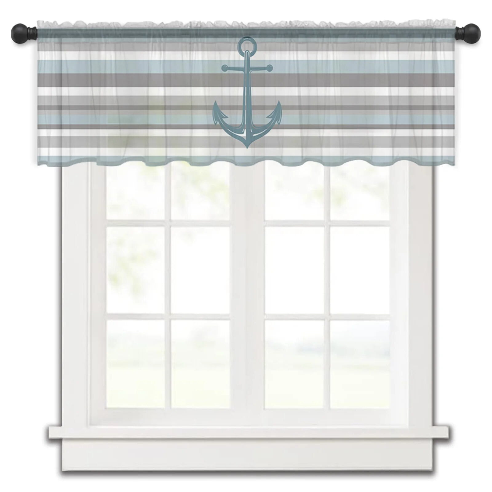 Blue-Gray Stripes Anchor Short Sheer Window Curtain Tulle Curtains for ...