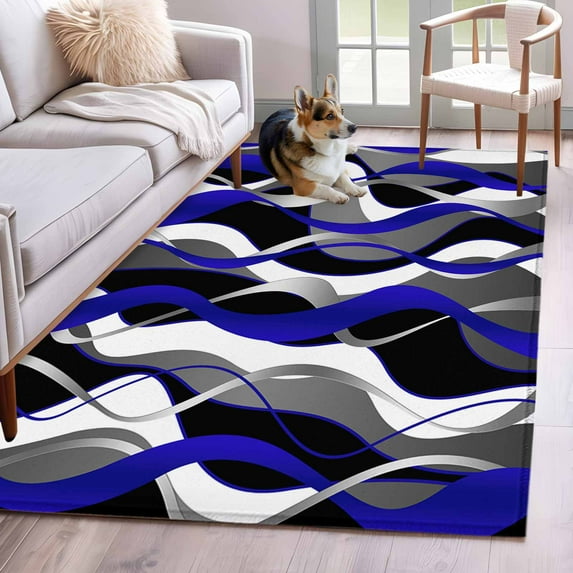Blue Gray Stripes Area Rugs 4x6 ft Abstract Art Modern Geometric Curve ...