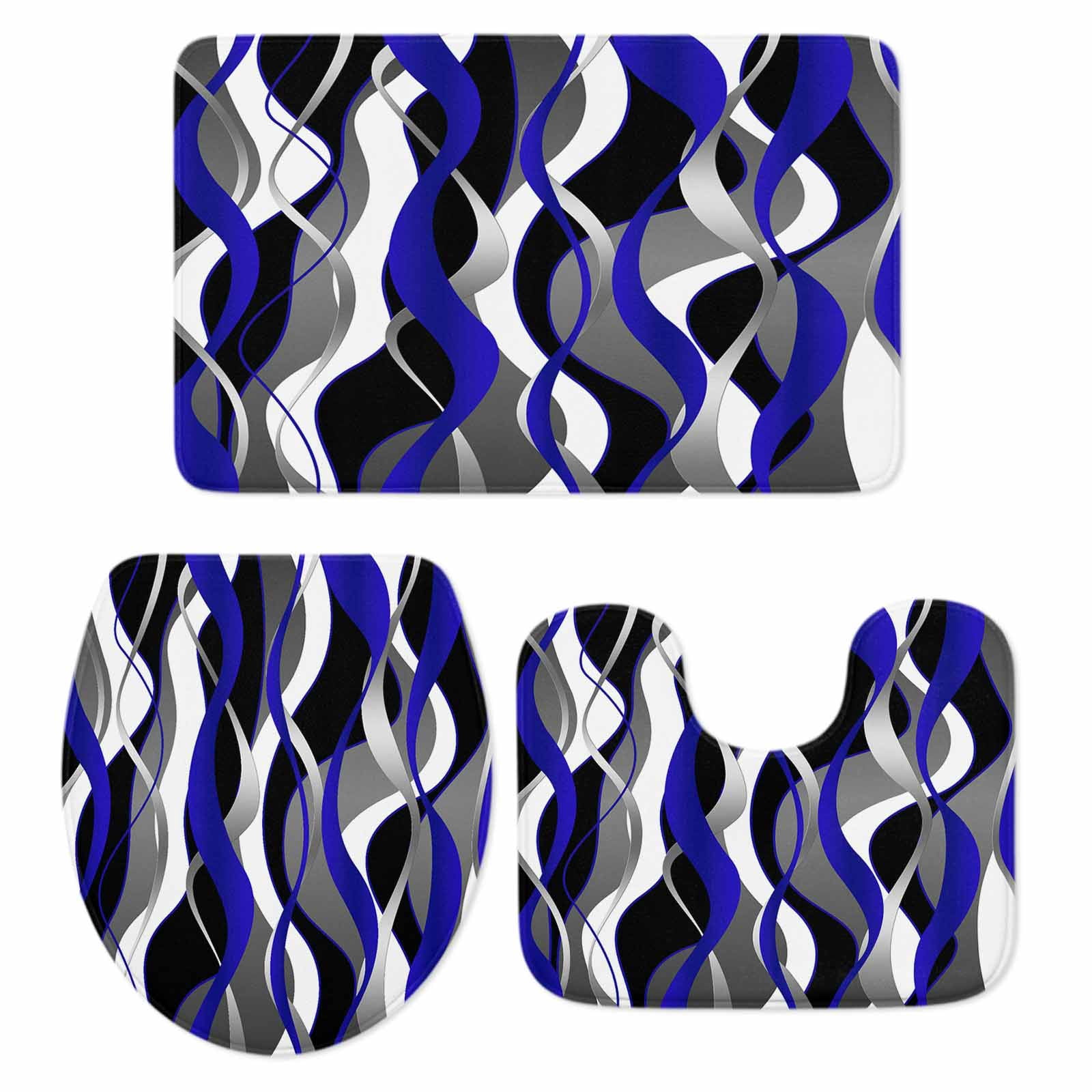 Blue Gray Stripes Bathroom Rugs Set Abstract Art Modern Non Slip ...
