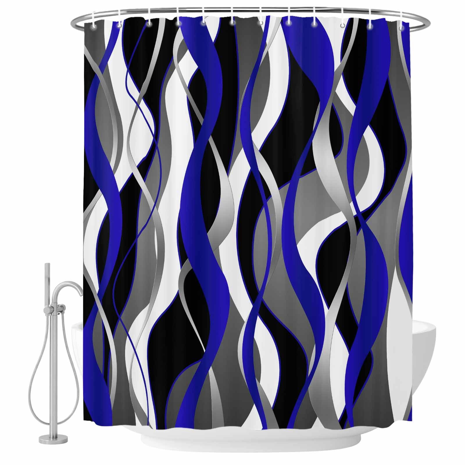Blue Gray Stripes Bathroom Shower Curtains with Hooks, Abstract Art ...