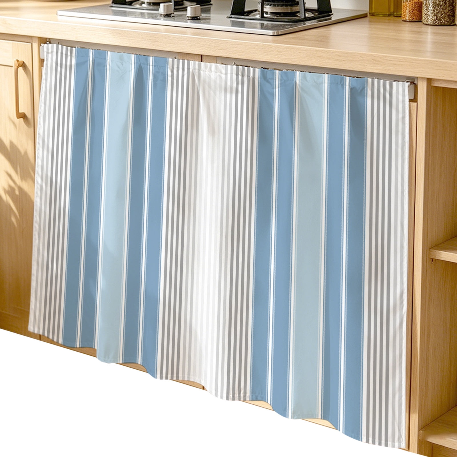 Blue Gray Stripes Cabinet Curtains 35"W x 35"L,Dustproof Sink Skirt ...