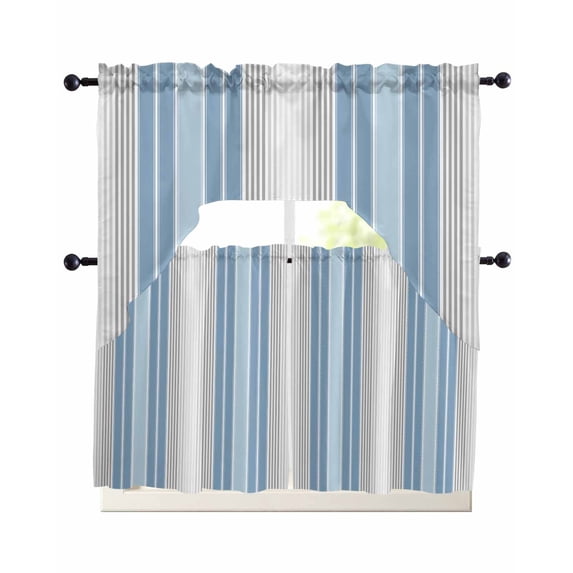 Blue Gray Stripes Kitchen Curtain and Valance Set 3 Pieces,Rod Pocket ...