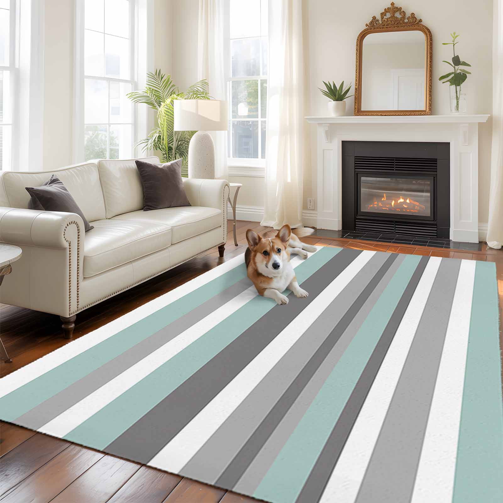 Blue-Gray Stripes Large Area Rugs 6x9 ft Washable Rug Non Slip Indoor ...