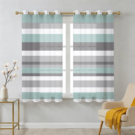 Blue-Gray Stripes Sheer Curtains 45 Inch Long 2 Panels, Light Filtering ...