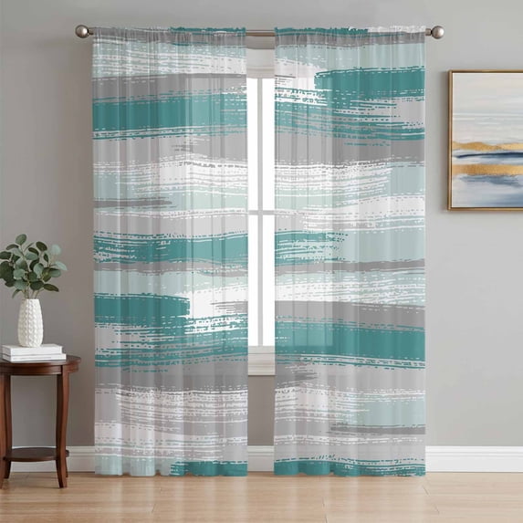 Blue Gray Stripes Sheer Curtains 72 Inch Length 2 Panels Set ...