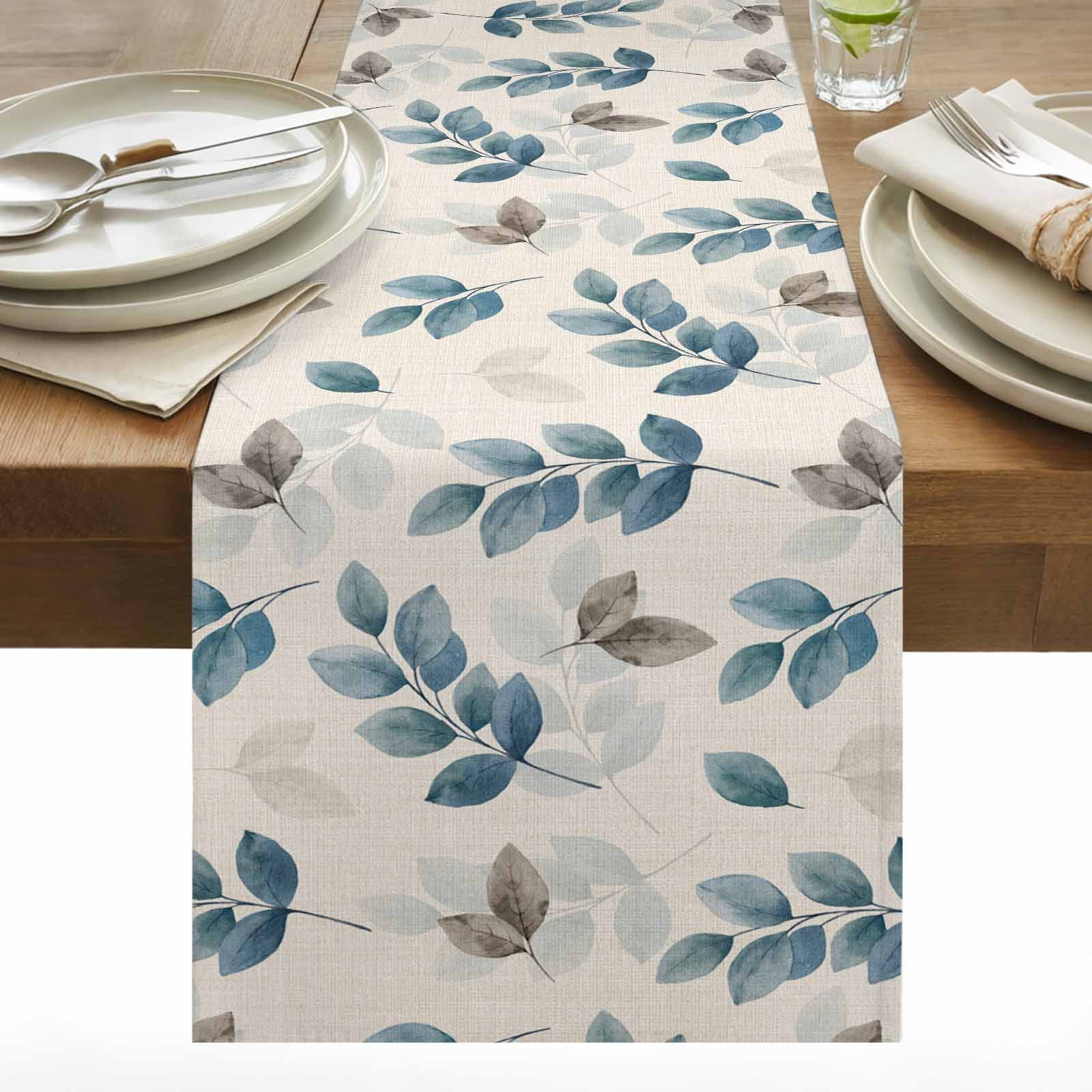 Blue Gray Table Runner 13x120 inch Eucalyptus Leaves Linen Background ...