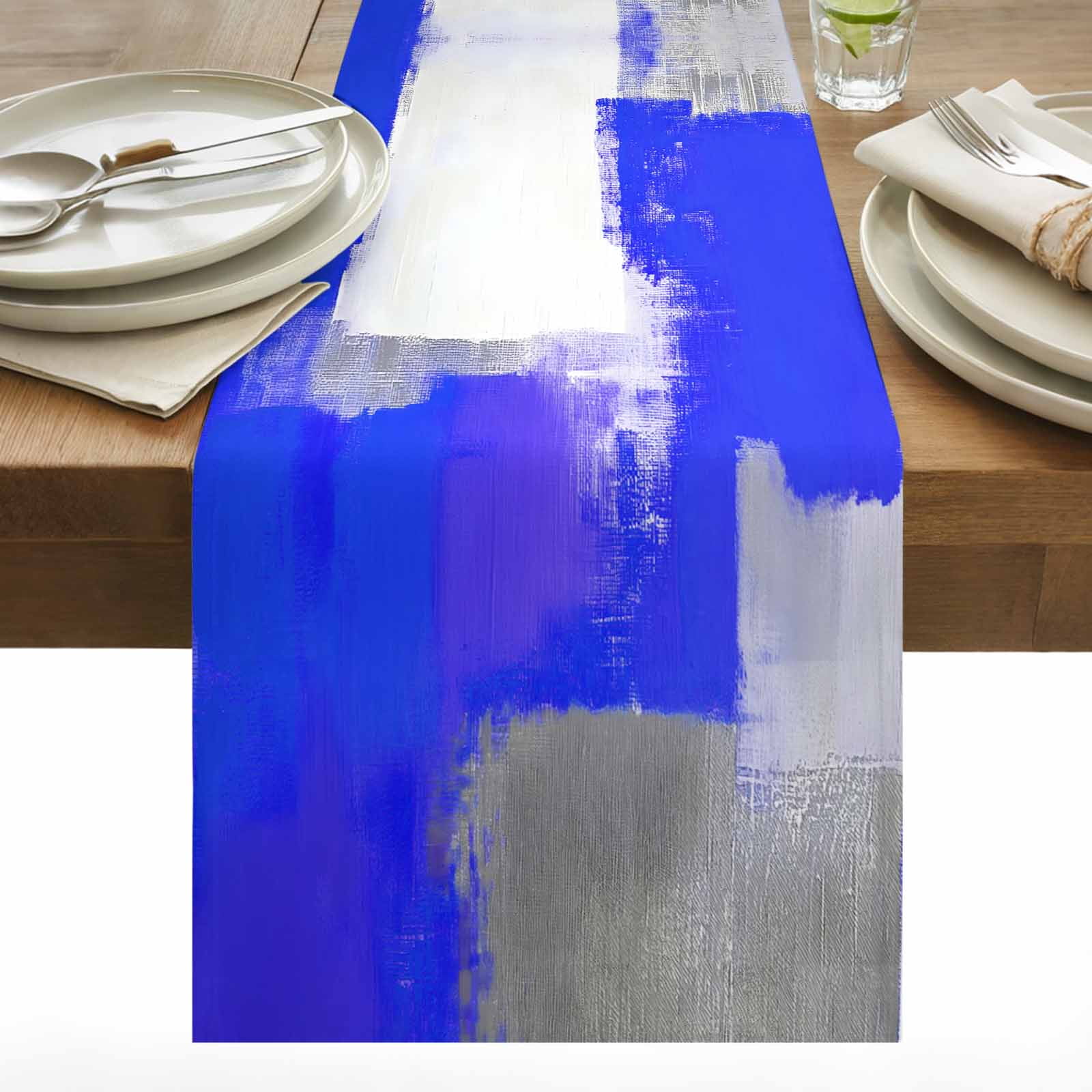 Blue Gray Table Runner 13x120 inch Graffiti Art Abstract Color Blocks ...