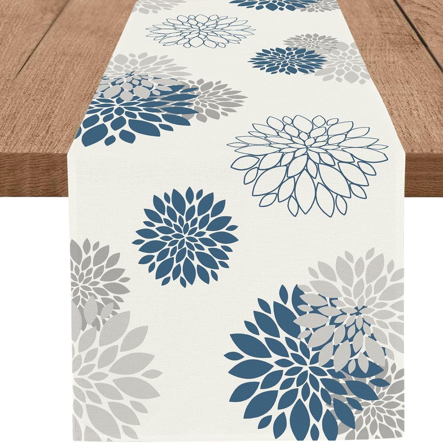 Blue Gray Table Runner Dahlia Pinnata Flower Beige Table Runners Modern ...