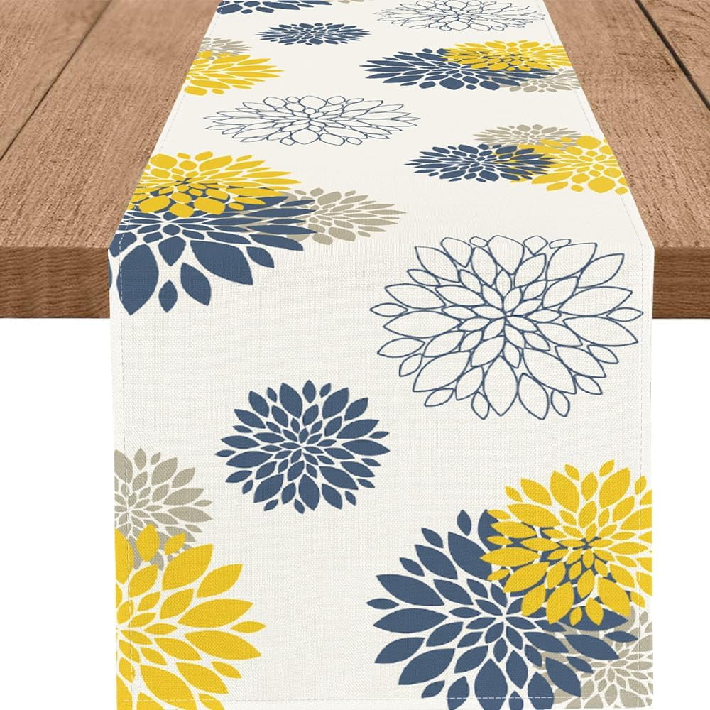 Blue Gray Table Runner Dahlia Pinnata Flower Beige Table Runners Modern ...