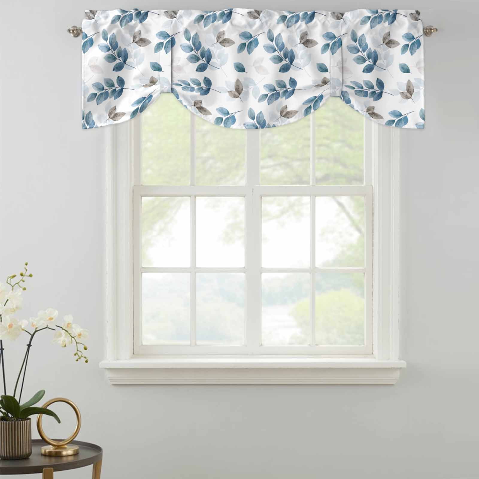 Blue Gray Tie Up Valances Curtain, Eucalyptus Leaves White Background ...