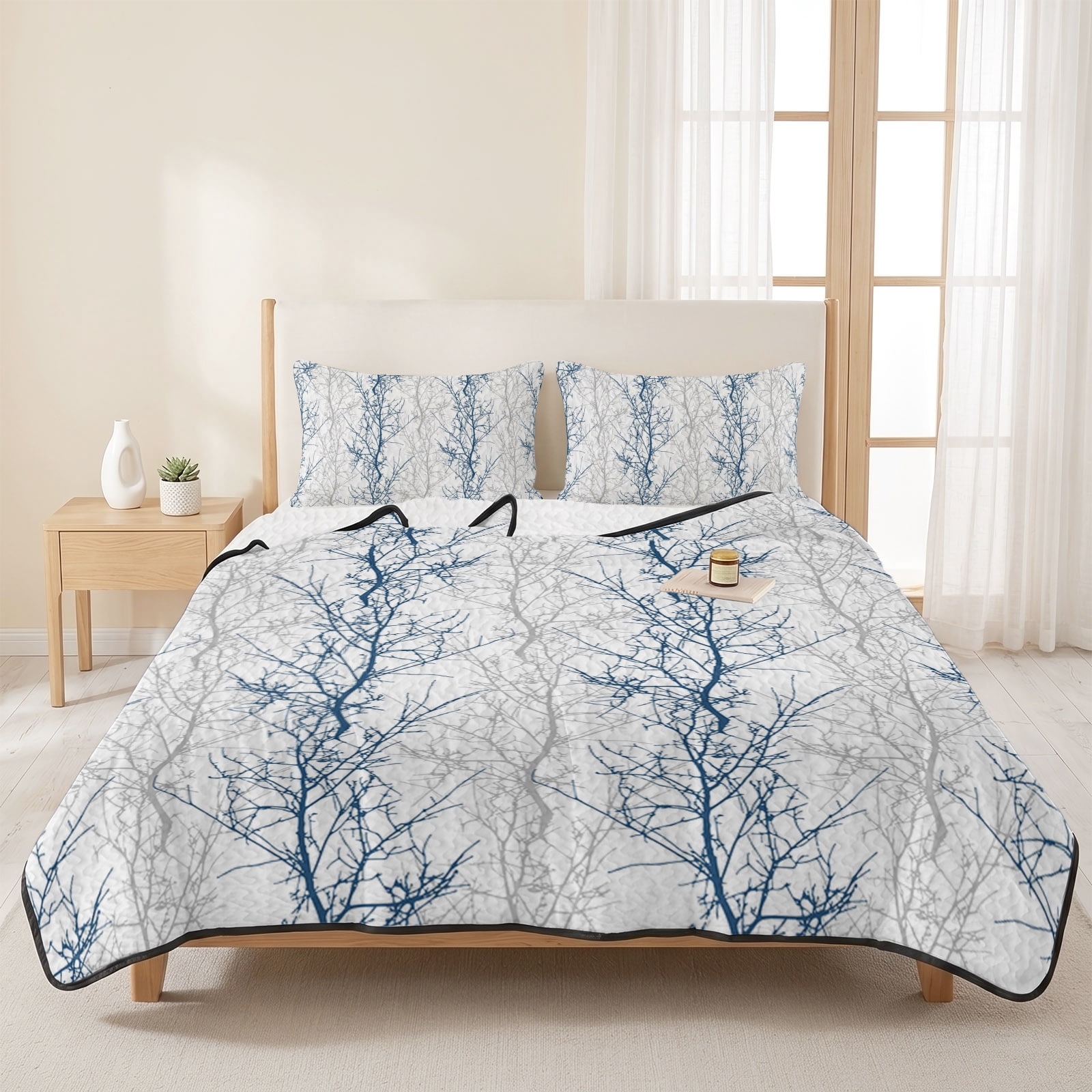 Blue Gray Tree Branch on White 3 Pieces Quilt Set,1 Quilt with 2 Shams ...