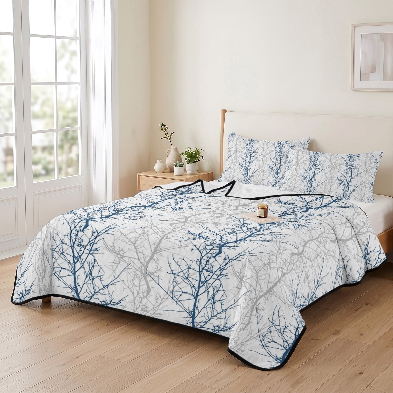 Blue Gray Tree Branch on White 3 Pieces Quilt Set,1 Quilt with 2 Shams ...