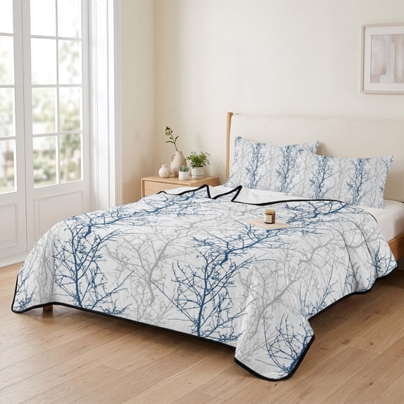 Blue Gray Tree Branch on White 3 Pieces Quilt Set,1 Quilt with 2 Shams ...