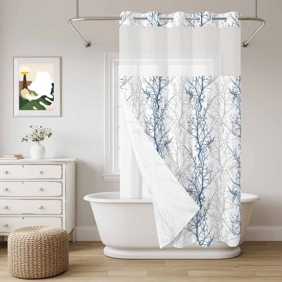Blue Gray Tree Branch on White No Hook Shower Curtain with Snap in ...