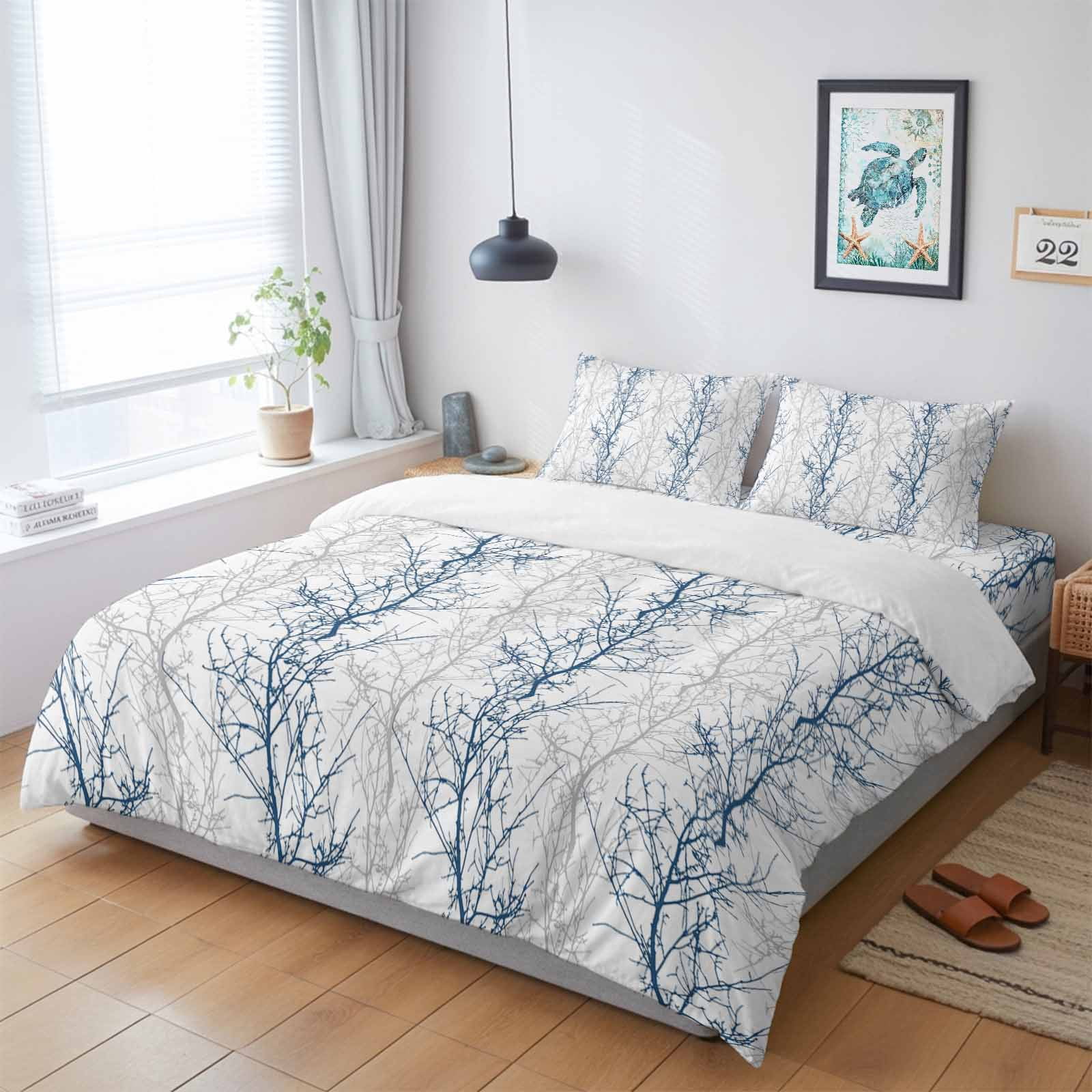 Blue Gray Tree Branch on White King Size Bed Set,Botanical Seamless ...
