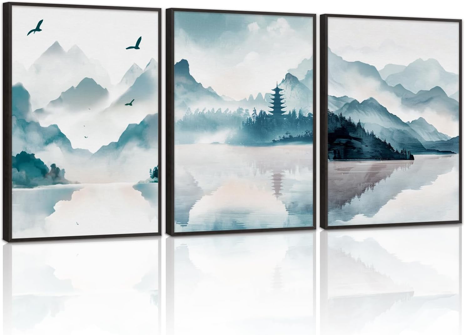 Blue and Gray Wall Art Set of 3(12'X16') Misty Forest Scenery Nature ...
