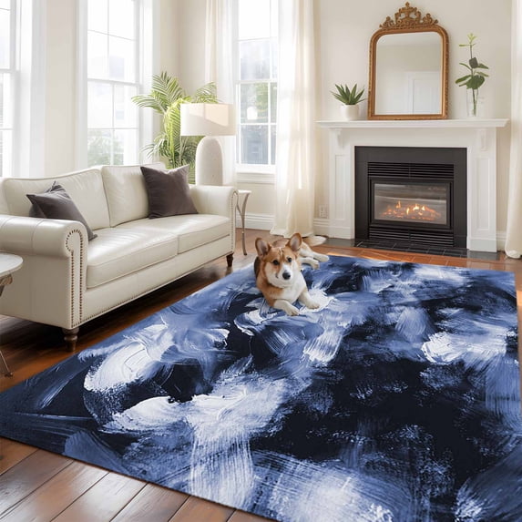 Blue Gray Washable Area Rug 6x9 Abstract Modern Retro Polypropylene ...
