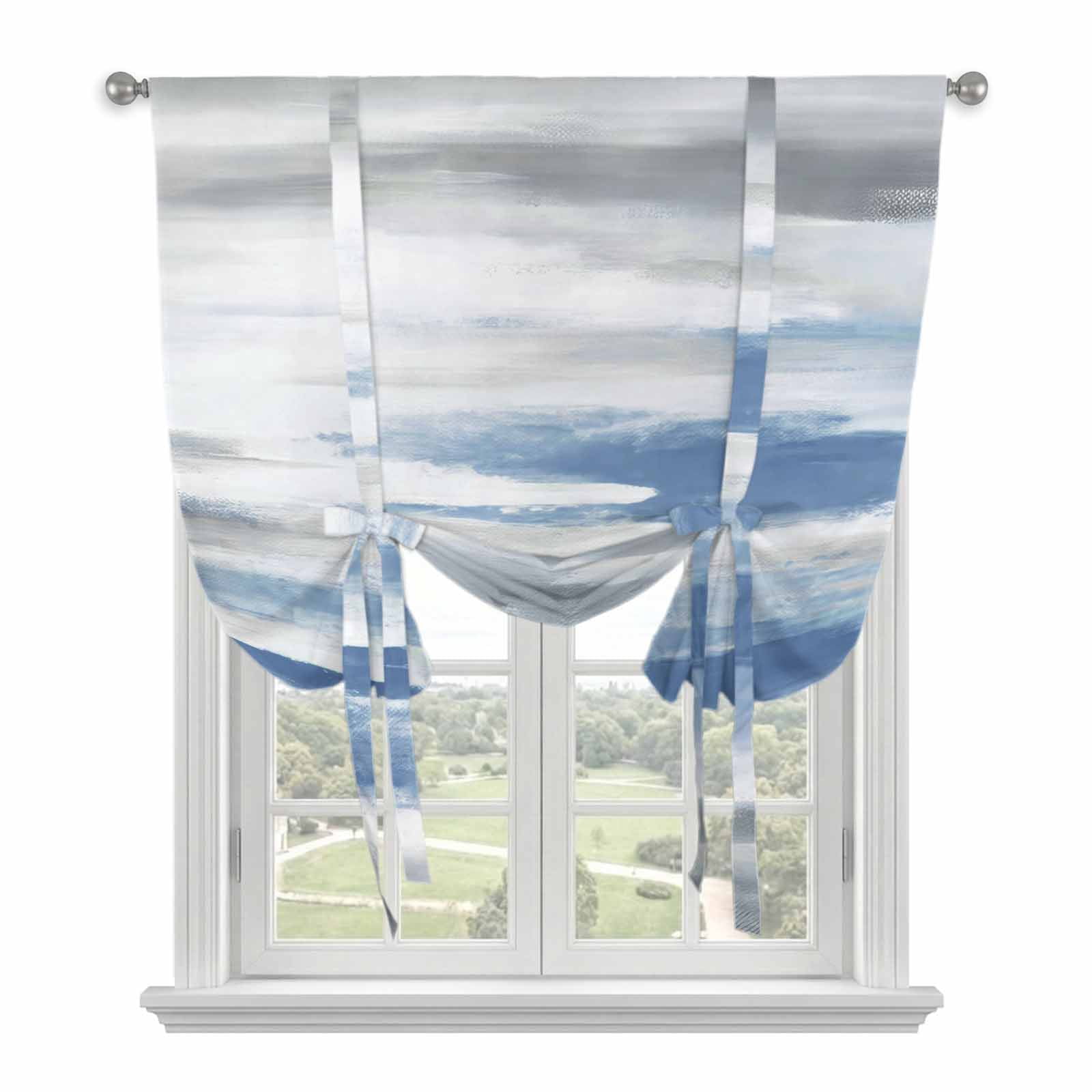 Blue Gray White Tie Up Curtains for Windows, Adjustable Rod Pocket ...