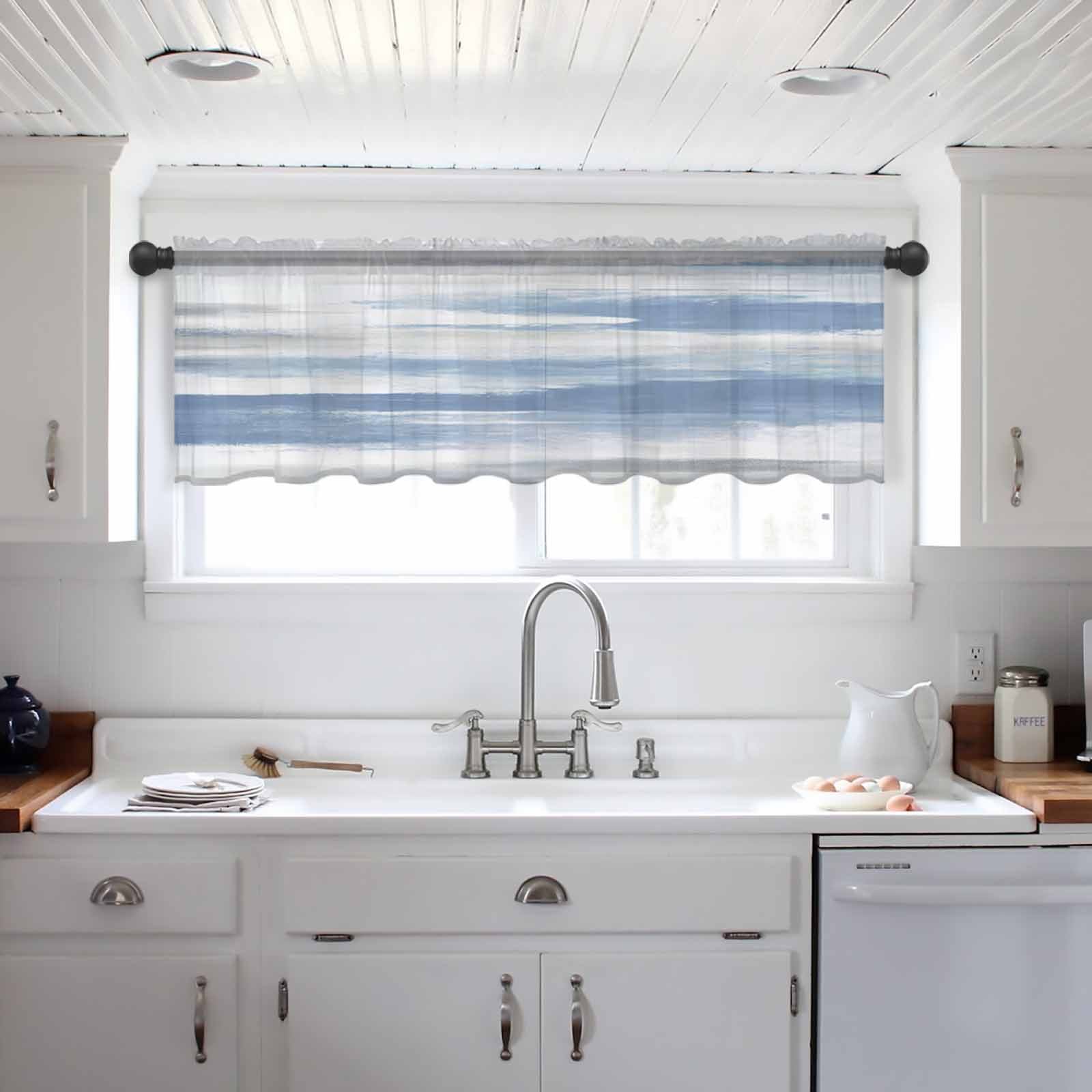 Blue Gray White Valance Curtains for Kitchen/Living Room/Bathroom ...