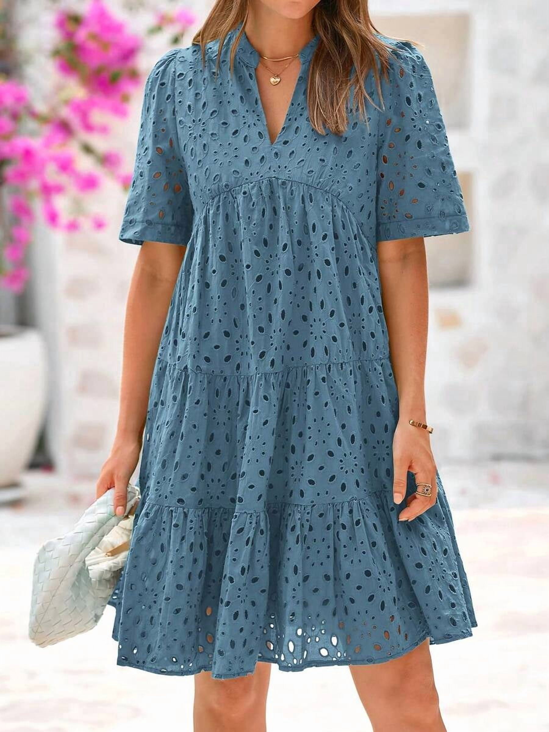 Blue Gray Women Summer Eyelet Lace V-Neck Short Sleeve Tiered Flowy ...