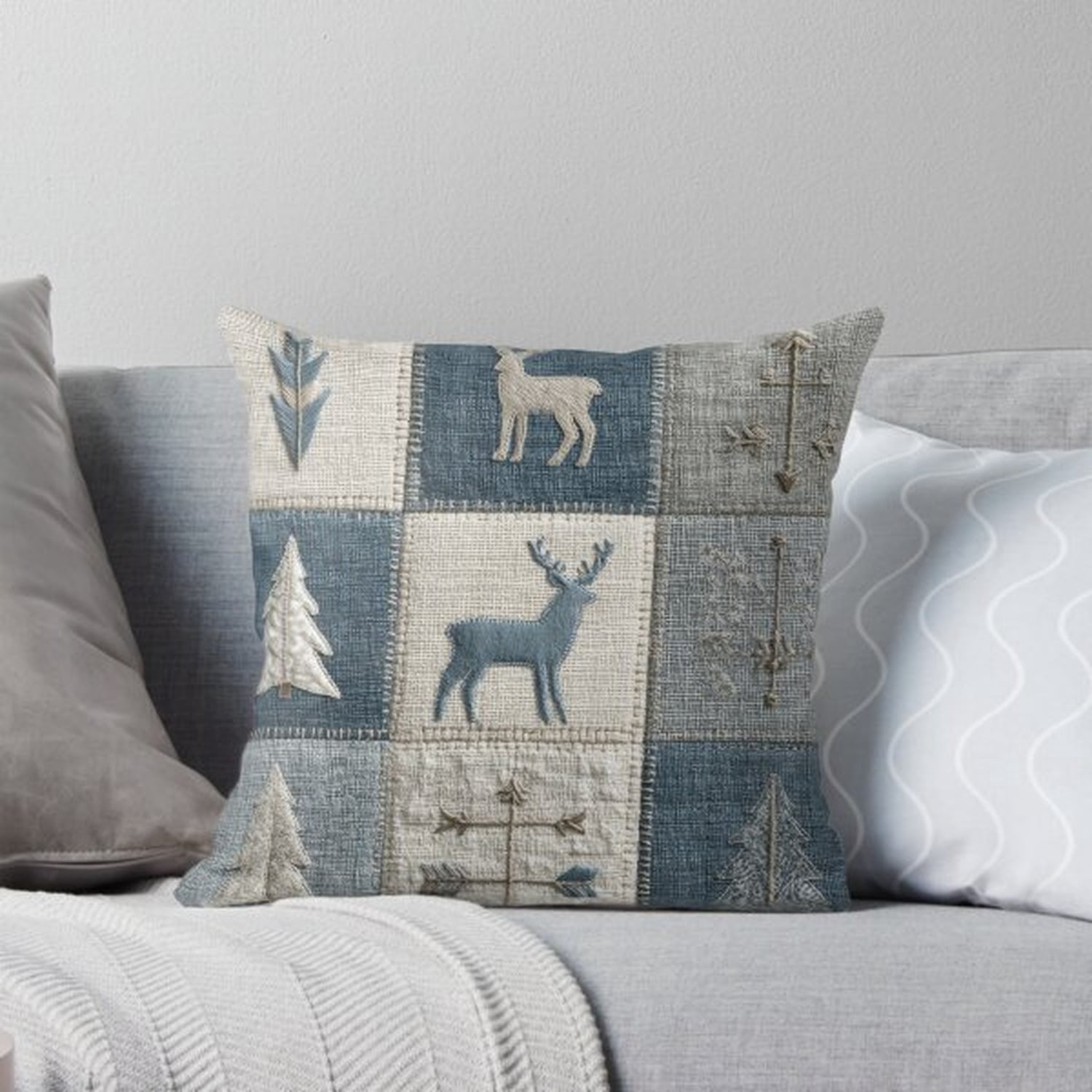Blue Gray Woodland Deer and Pine Tree Patchwork Square Pillow Case, 100 ...