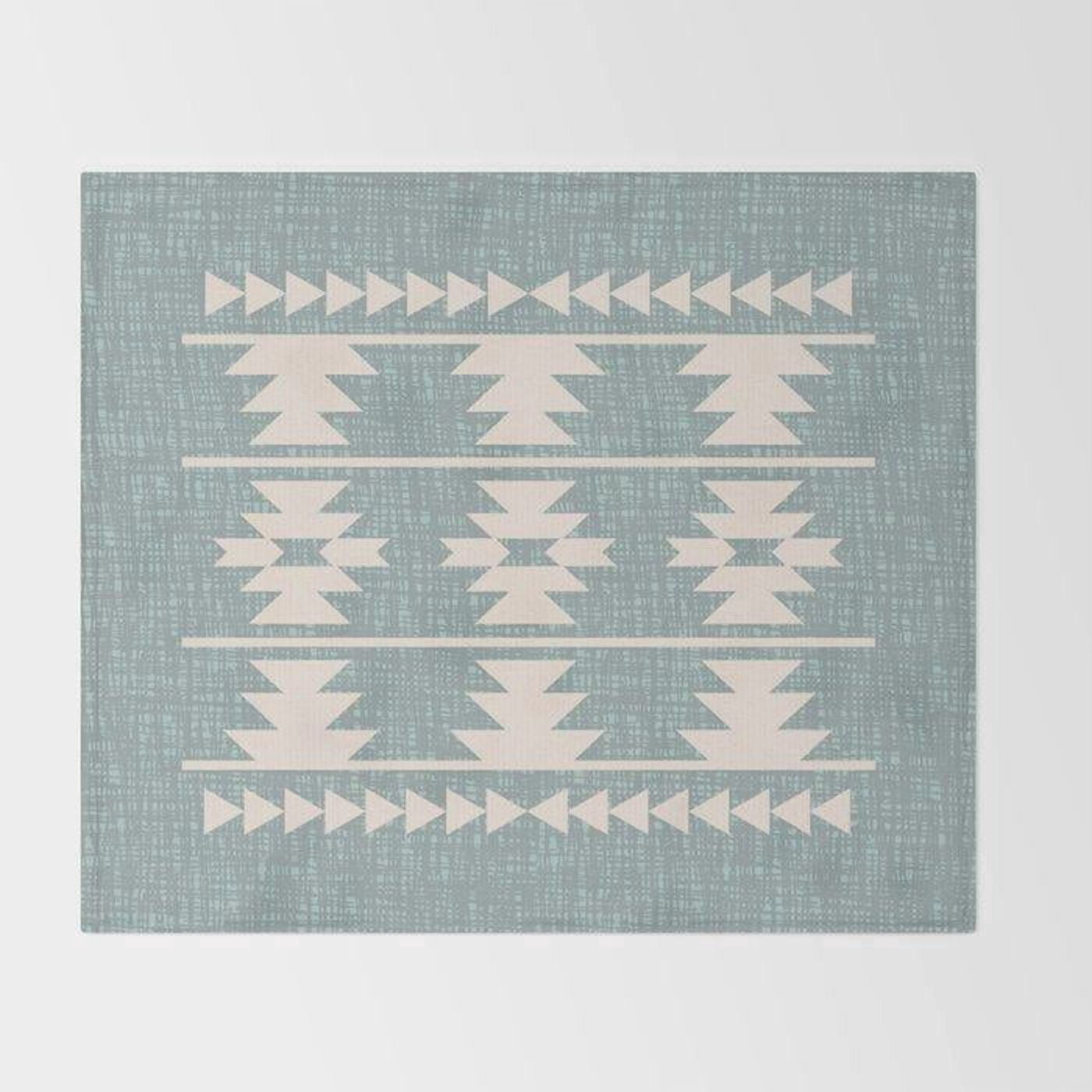 Blue-Gray and Cream Southwestern Geometric Fleece Blanket, Polyester ...
