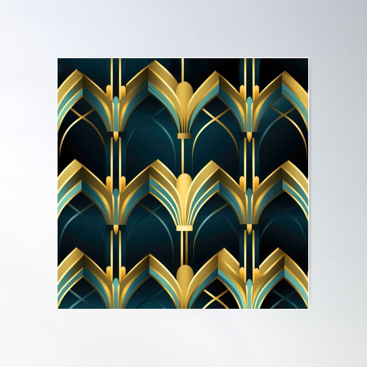 Blue-Green And Golden Hues Art Deco Pattern Poster Wall Art, Modern ...