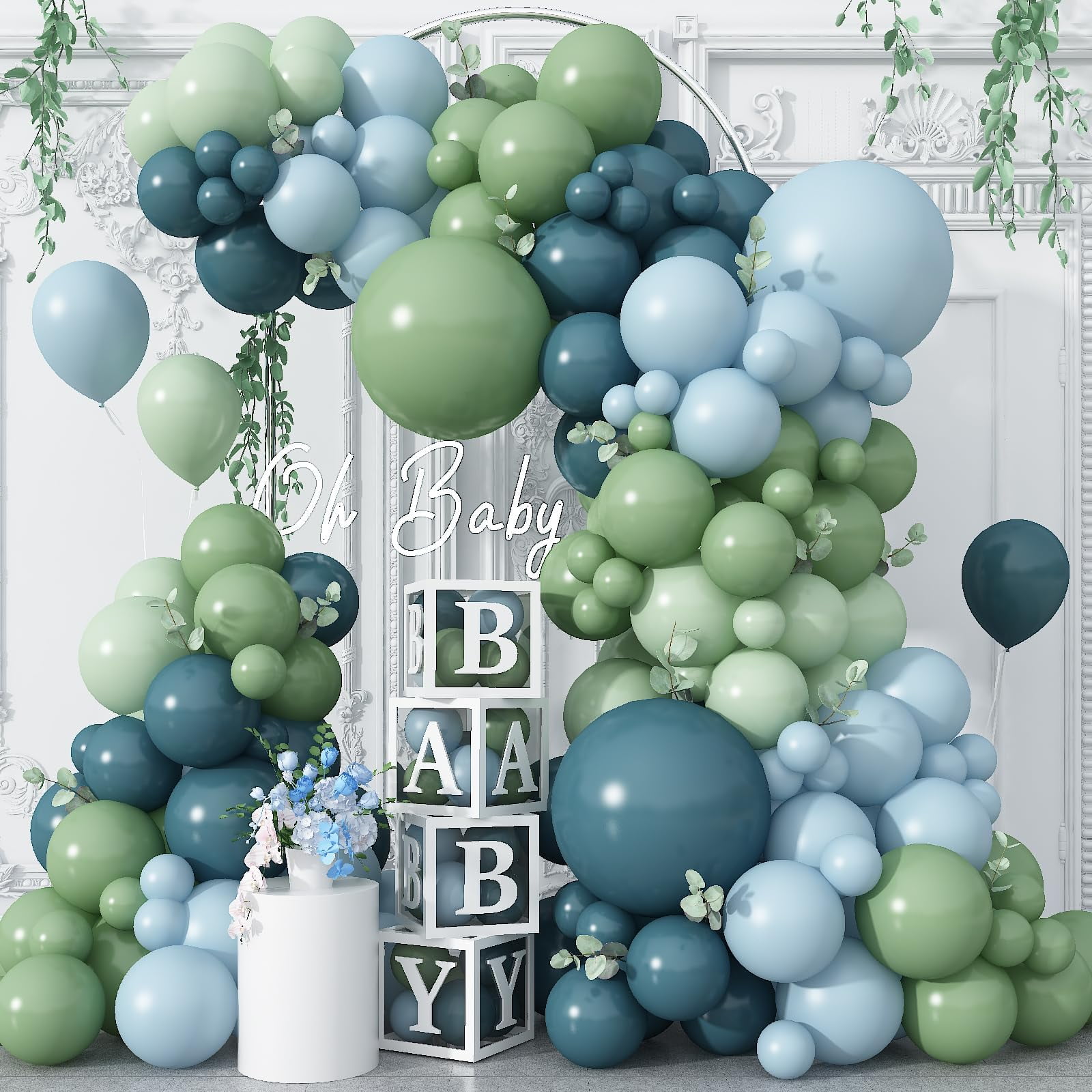 Blue and Green Balloon RRF12 Arch Kit 107Pcs Blue Sage Green Balloons Garland Retro Slate Haze ...